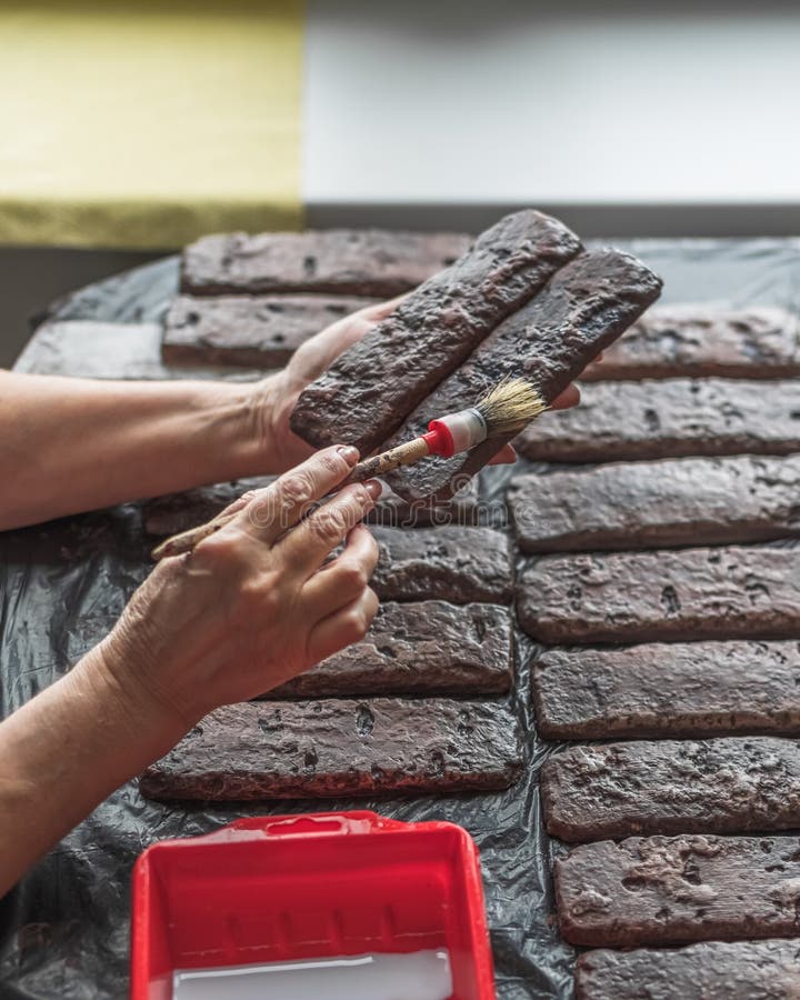 Making and Painting Decorative Bricks at Home. Handmade Work Stock ...