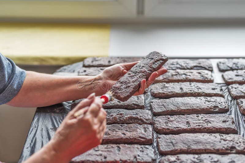 Making and Painting Decorative Bricks at Home. Handmade Work Stock ...