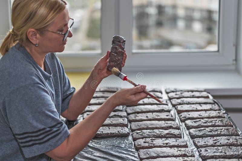 Making and Painting Decorative Bricks at Home. Handmade Work Stock ...