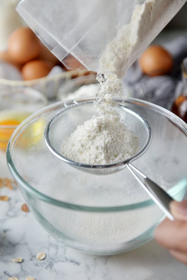 Making Pancakes, Cake, Baking of Baker Hands Sifting Flour in Bowl ...