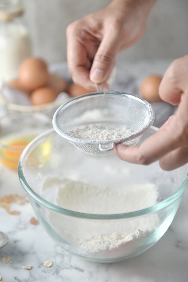 Making Pancakes, Cake, Baking of Baker Hands Sifting Flour in Bowl ...