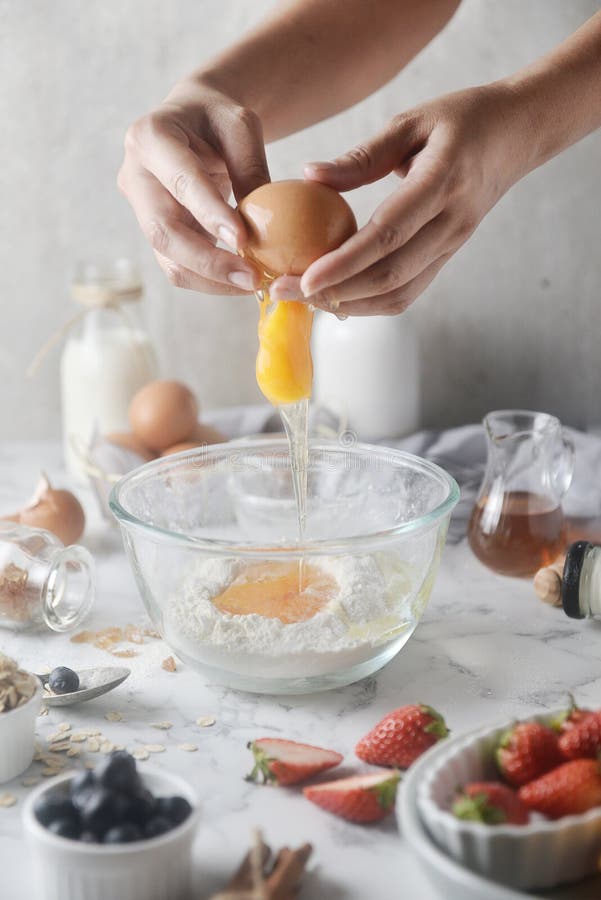 Making Pancakes, Cake, Baking Top View of Baker Hands Crack an Egg on ...