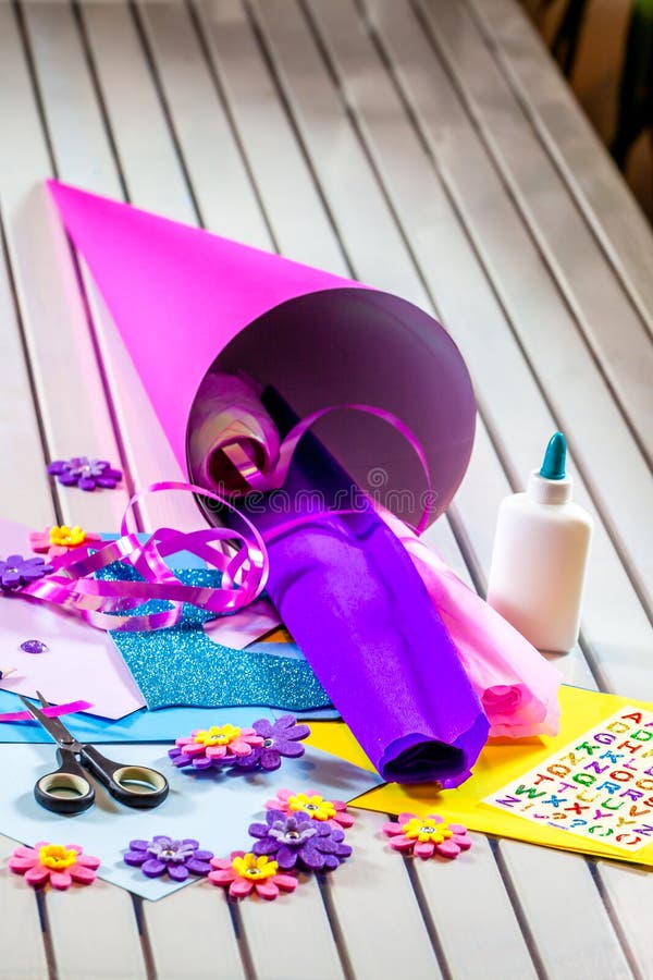 Making Paper Crafts for Candy Cone First Day of School Stock Photo ...