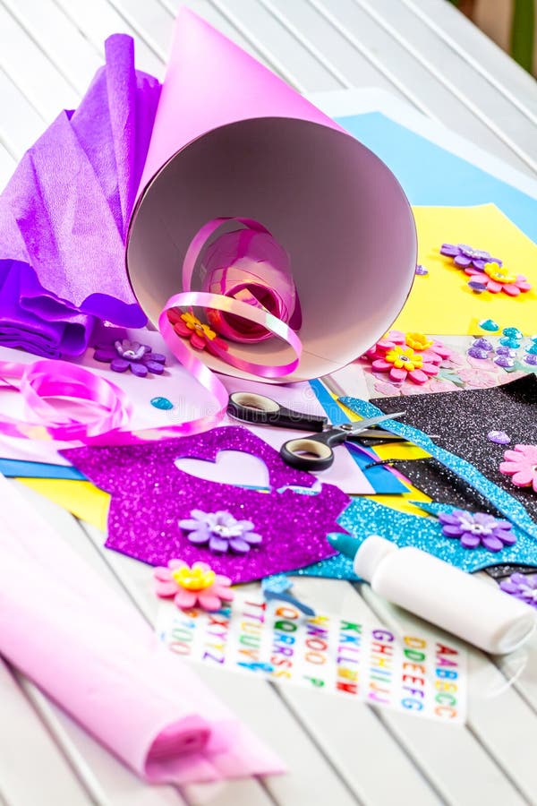 Making Paper Crafts for Candy Cone First Day of School Stock Photo ...