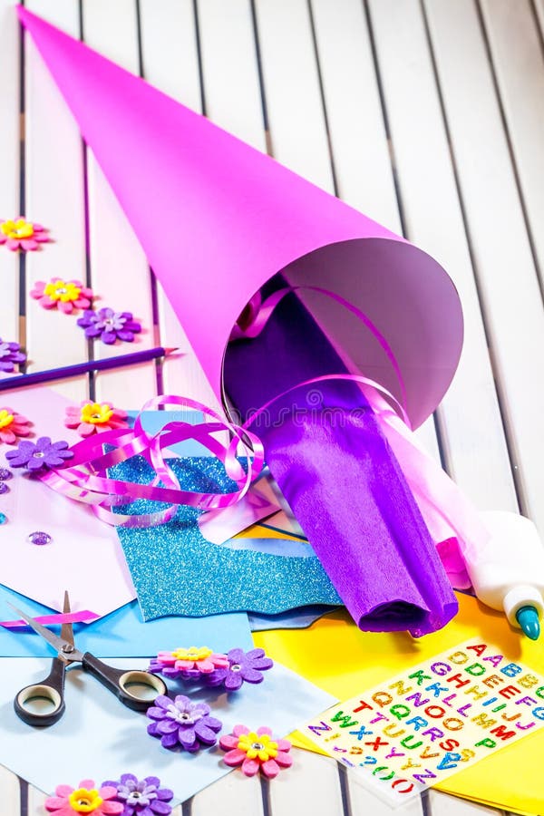 Making Paper Crafts for Candy Cone First Day of School Stock Photo ...