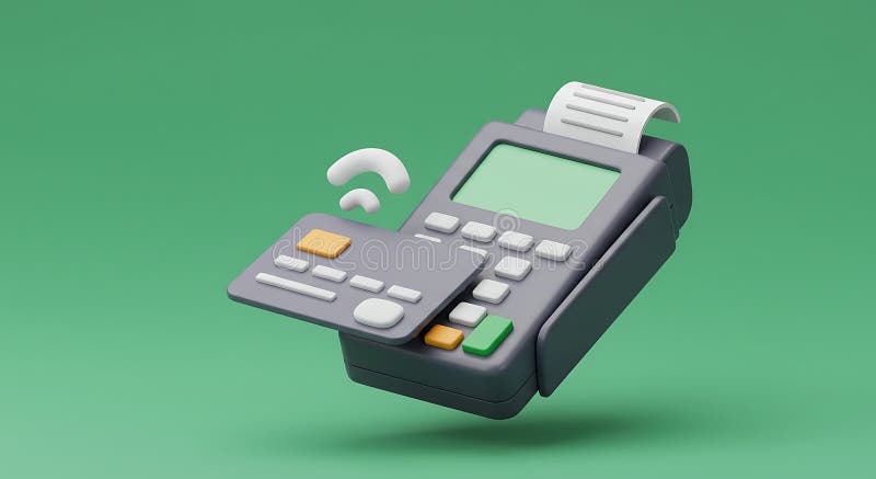 Making a Payment with a Card Reader and Card Over Green Background ...