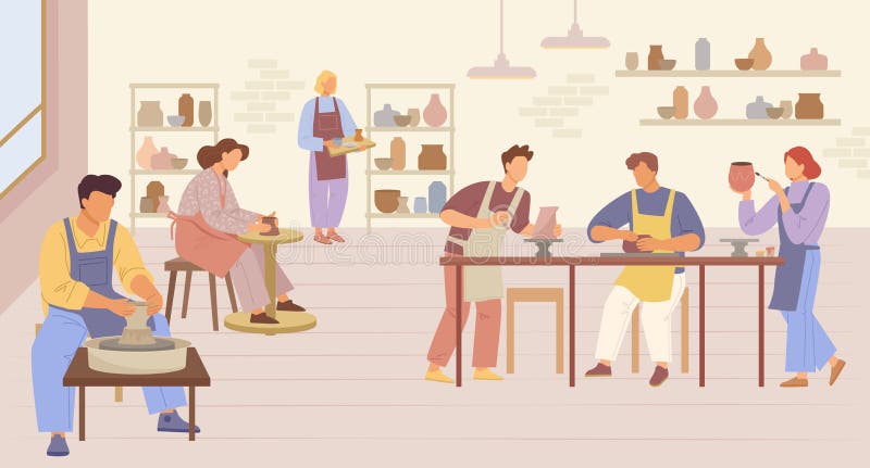 Making Pottery. Art Workshop for Pots and Clay Kettle Making. Vector ...