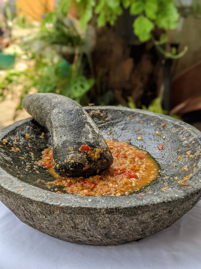 Making Sambal with Granite Mortar and Pestle Stock Photo - Image of ...