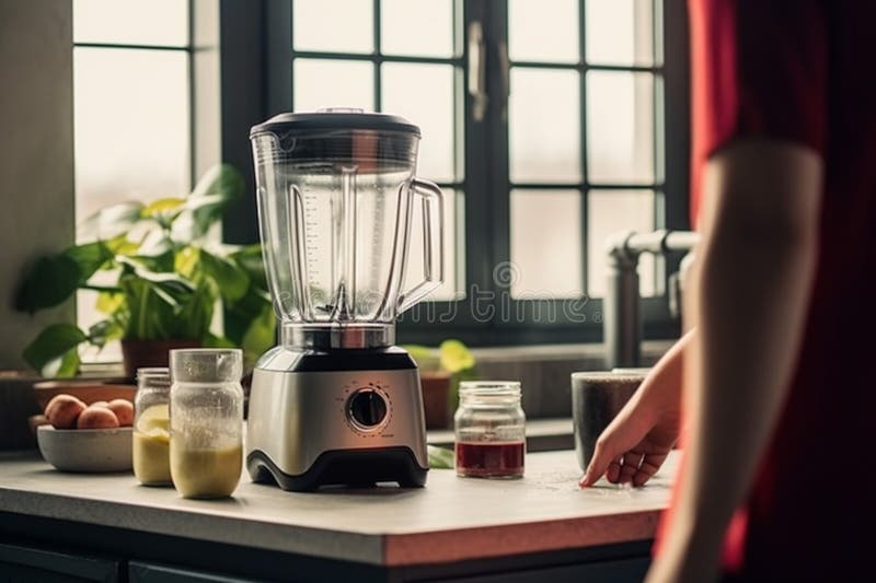 Making Smoothie. Table in Kitchen with Fruits, Vegetables and Blender ...