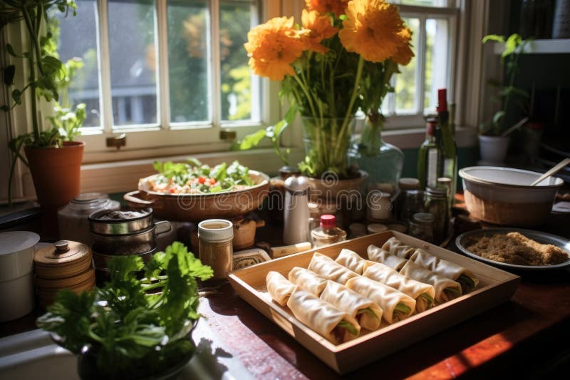 Making Spring Rolls in a Bright, Sunny Kitchen Stock Photo - Image of ...