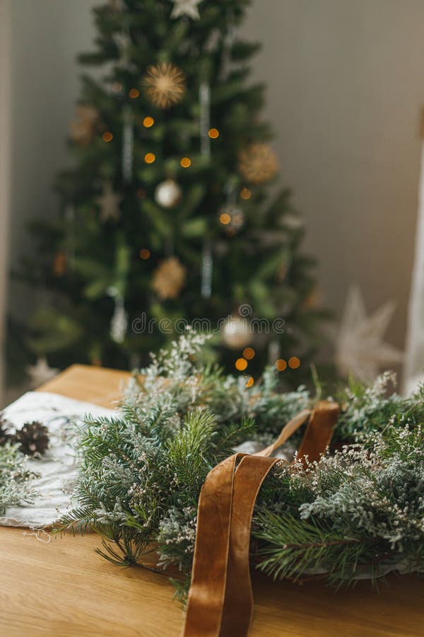 Making Stylish Christmas Rustic Wreath. Wreath with Evergreen Branches ...