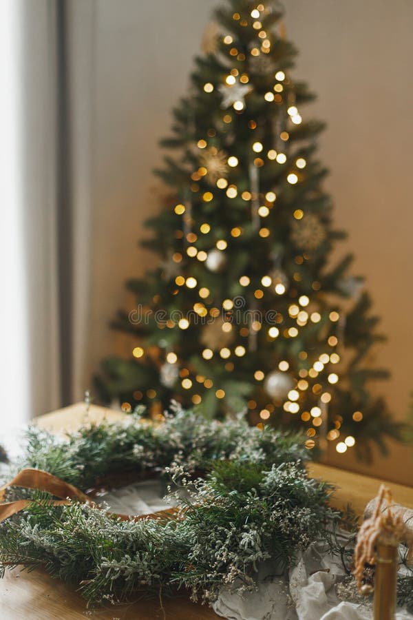 Making Stylish Christmas Rustic Wreath. Wreath with Evergreen Branches ...