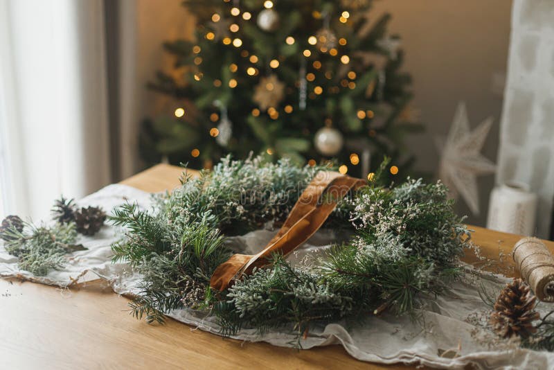 Making Stylish Christmas Rustic Wreath. Wreath with Evergreen Branches ...