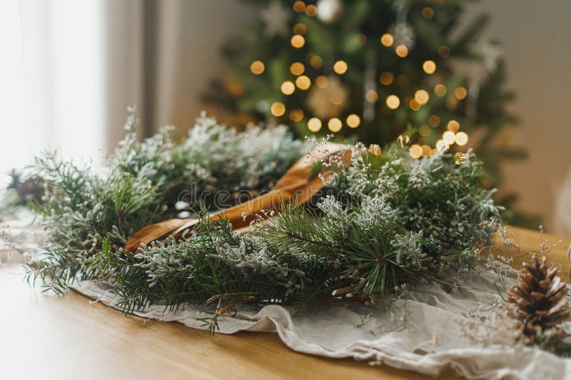 Making Stylish Christmas Rustic Wreath. Wreath with Evergreen Branches ...