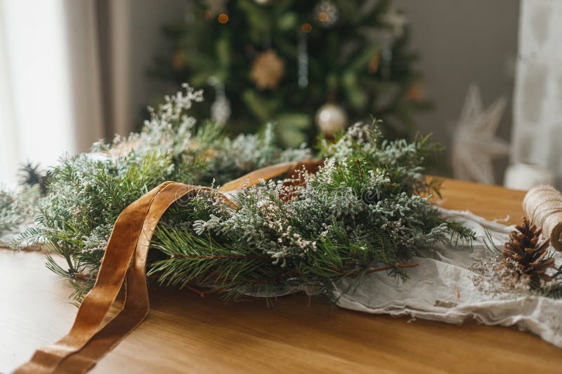 Making Stylish Christmas Rustic Wreath. Wreath with Evergreen Branches ...
