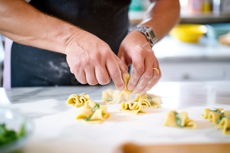 Making Tortellini, Hands Folding Pasta Around Filling Stock ...