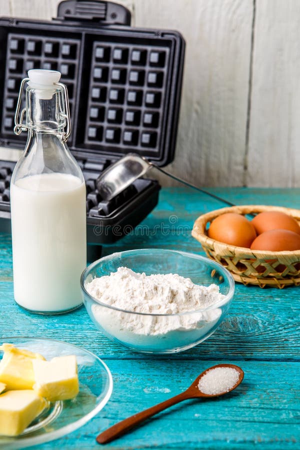 Making Waffles at Home - Waffle Iron and Ingredients - Milk, Eggs and ...