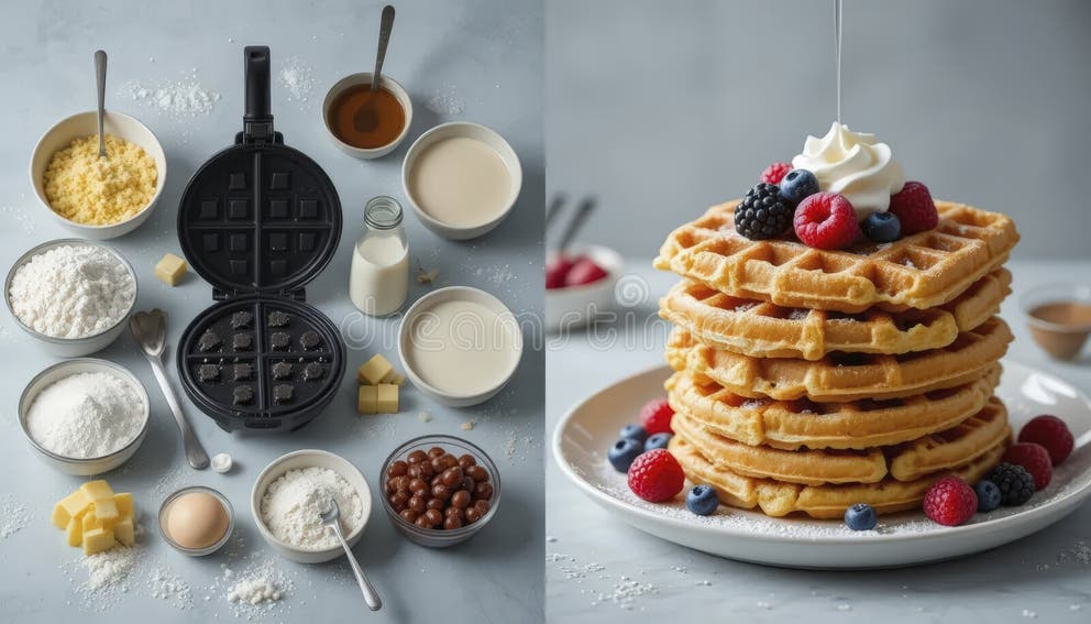 Making Waffles from Scratch with Ingredients and Stack of Finished ...