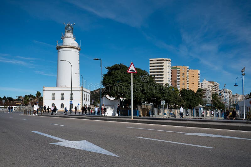 White and Blue - Malaga Lighthouse, Spain Editorial Stock Photo - Image ...