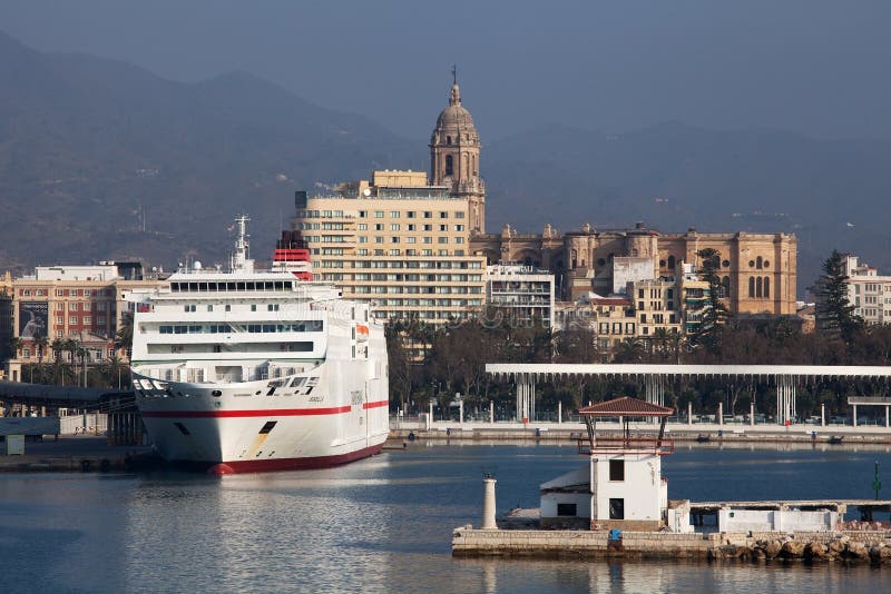 Malaga port panorama editorial stock photo. Image of boat - 108299093