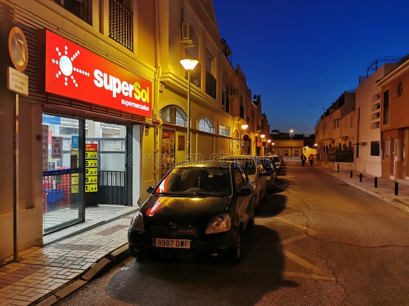 Malaga, Spain - APRIL 17, 2021: View of Super Sol Market at Night ...
