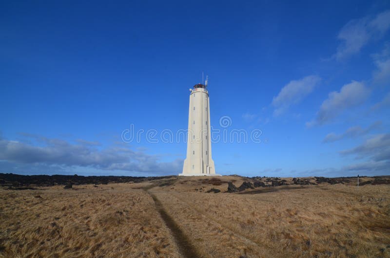 Malarrif Lighthouse with Hay Fields with Black Lava Rocks Stock Image ...