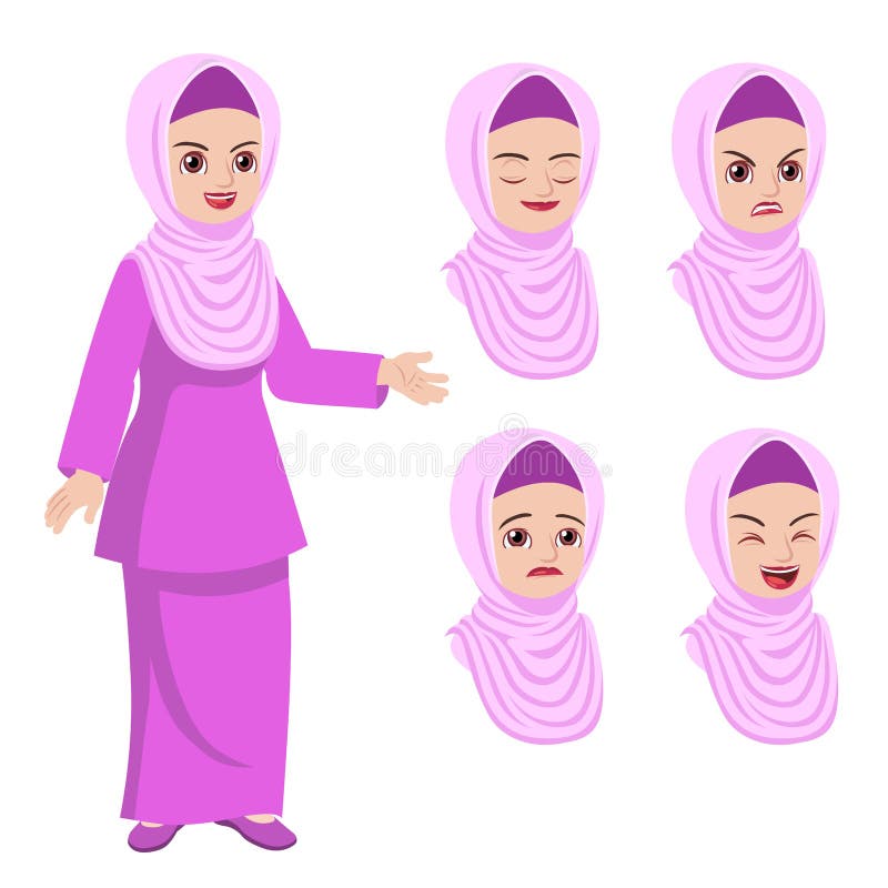 Malay Woman in Traditional Dress with Face Expression Set Stock Vector ...