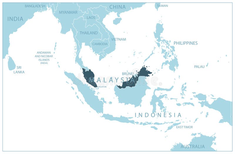 Malaysia - Blue Map with Neighboring Countries and Names Stock ...