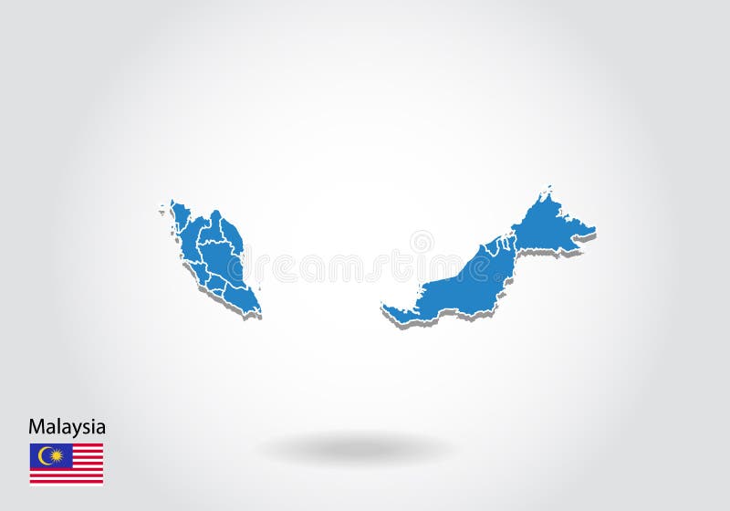 Malaysia Map Design with 3D Style. Blue Malaysia Map and National Flag ...