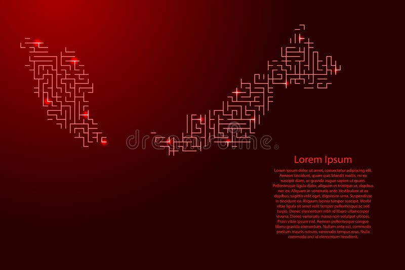 Malaysia Map from Red Pattern of the Maze Grid and Glowing Space Stars ...