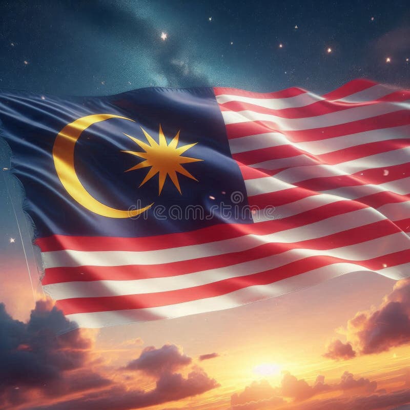Malaysian Flag Flying in the Air, Featuring the Crescent Moon, Star ...