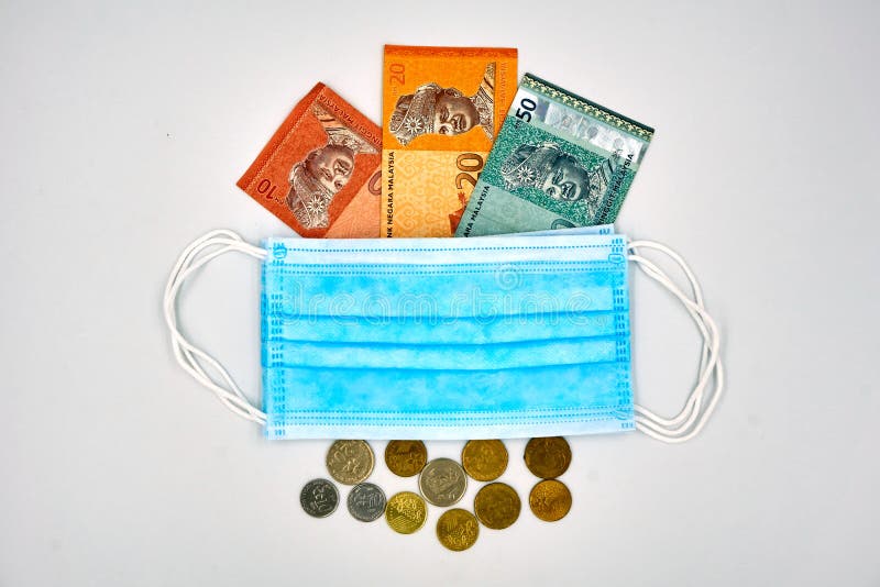 Notes and Coins with Blue Surgical Face Mask Over White Background ...