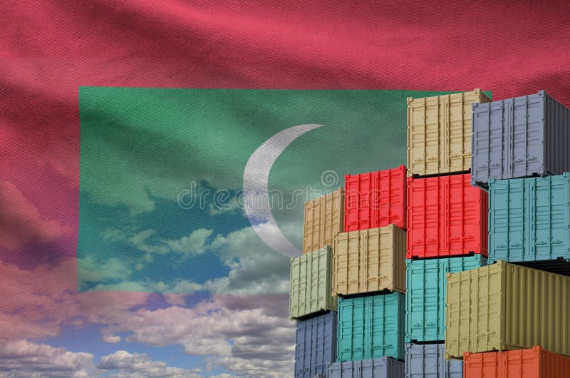Maldives Flag and Big Stack of Shipping Cargo Containers in Docks with ...