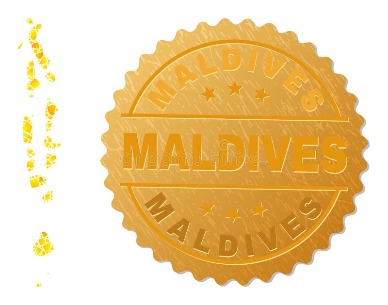 Maldives Map Mosaic of Golden Elements and Metallic Maldives Stamp ...