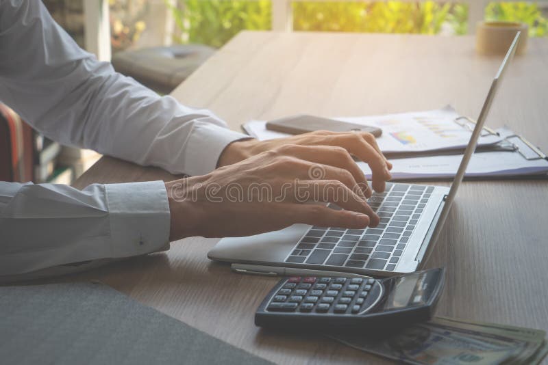 Male Accounting Worker Hand Using Computer Laptop Stock Photo - Image ...