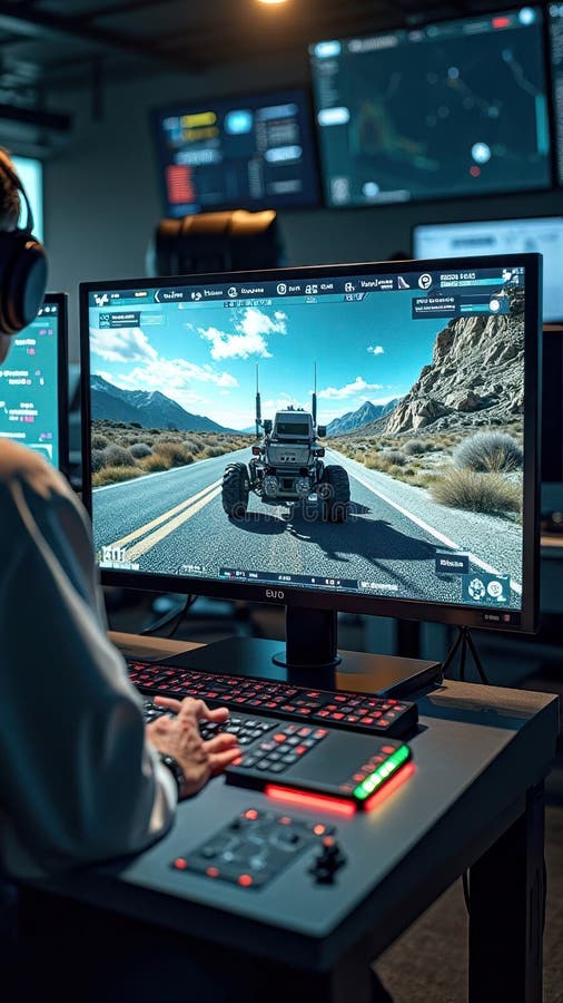 Male Adult Engaged in Advanced Vehicle Simulation Game in High-tech ...