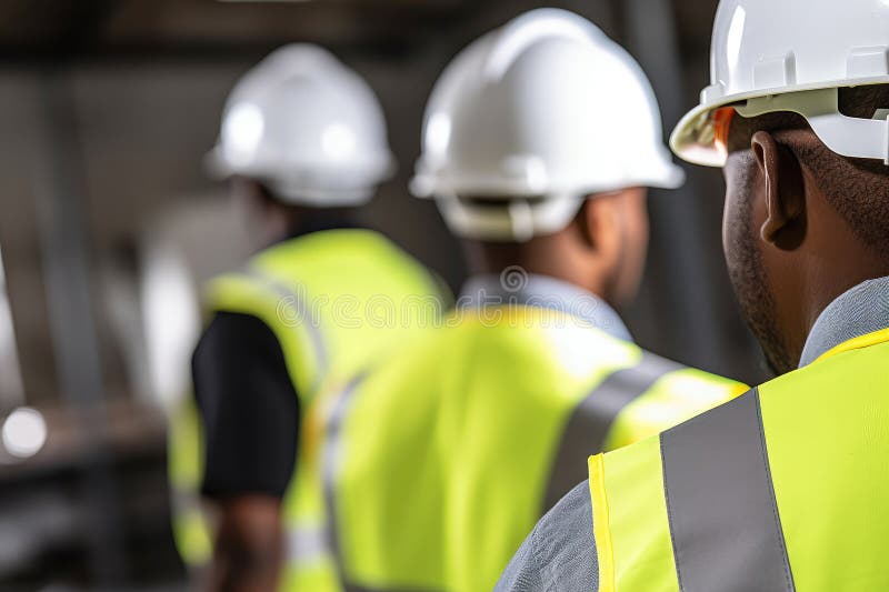 Male African American in Vests and Helmets, Back View, Professional ...