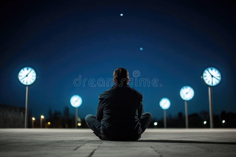 Male Alone at Night Observing Clock Posts Under Starry Sky Stock Photo ...