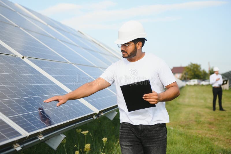 Male Arab Engineer Standing on Field with Rows of Solar Panels Stock ...