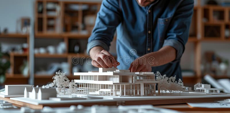 Male Architect Assembling Paper Model of the City Stock Illustration ...