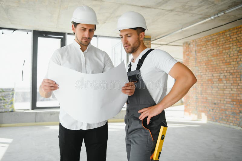 Male Architect Giving Instructions To His Foreman at Construction Site. Stock Photo - Image of ...