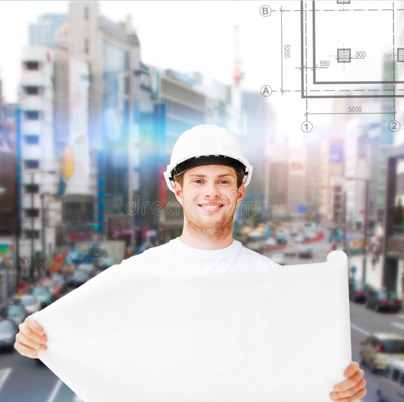 Male Architect in Helmet with Blueprint Stock Image - Image of ...