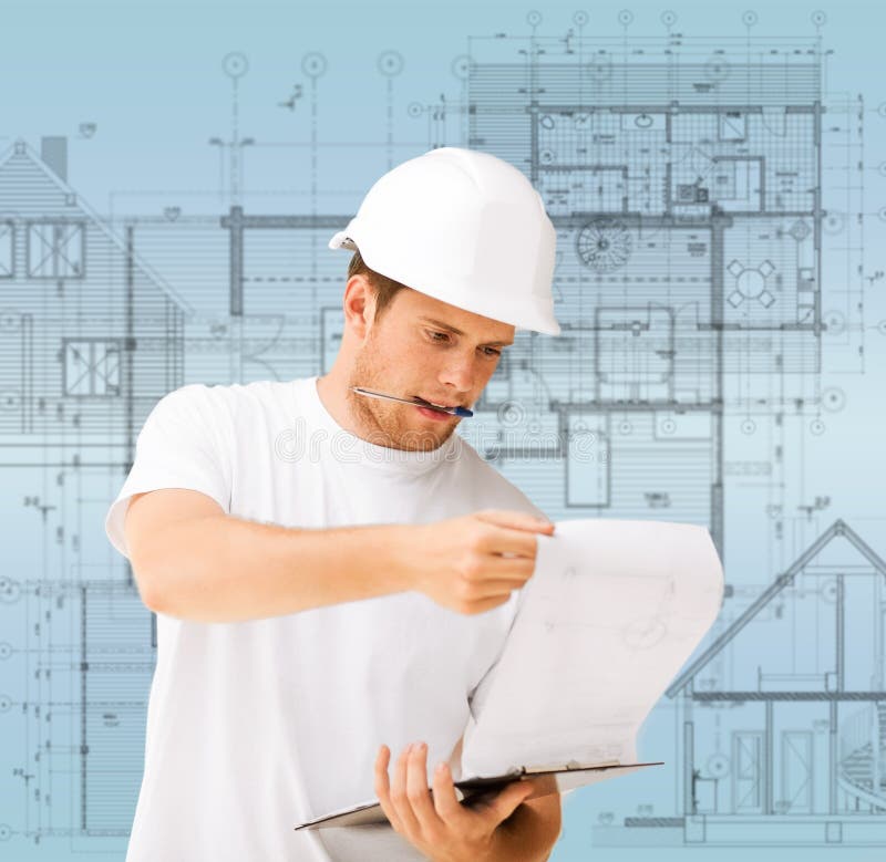 Male Architect Looking at Blueprint Stock Image - Image of consultant ...
