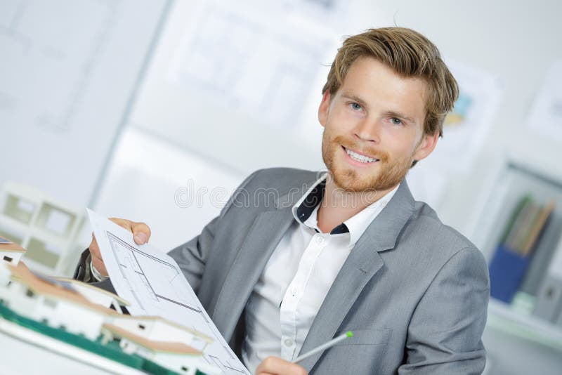 Male Architect Making Model in Office Stock Image - Image of casual ...