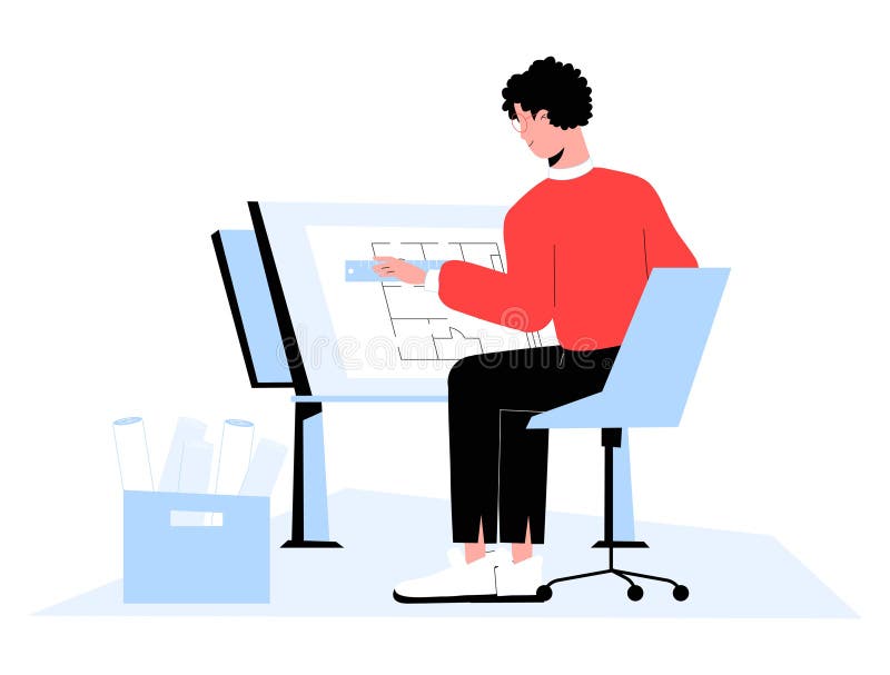 Male Architect Working on Blueprint at Drafting Table in Flat Vector ...