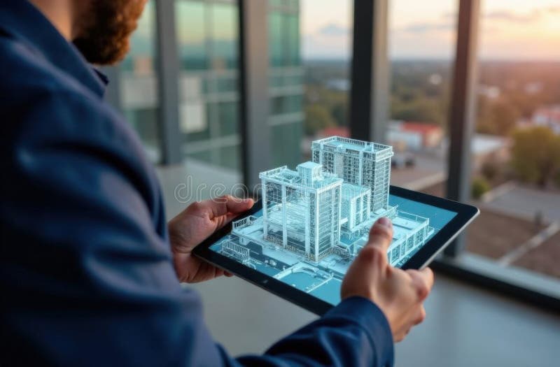 Male Architect Uses Digital Tablet for Building Design with Augmented ...