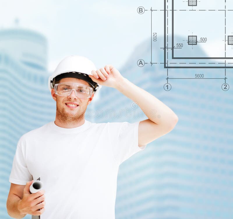 Male Architect in White Helmet with Blueprint Stock Image - Image of ...