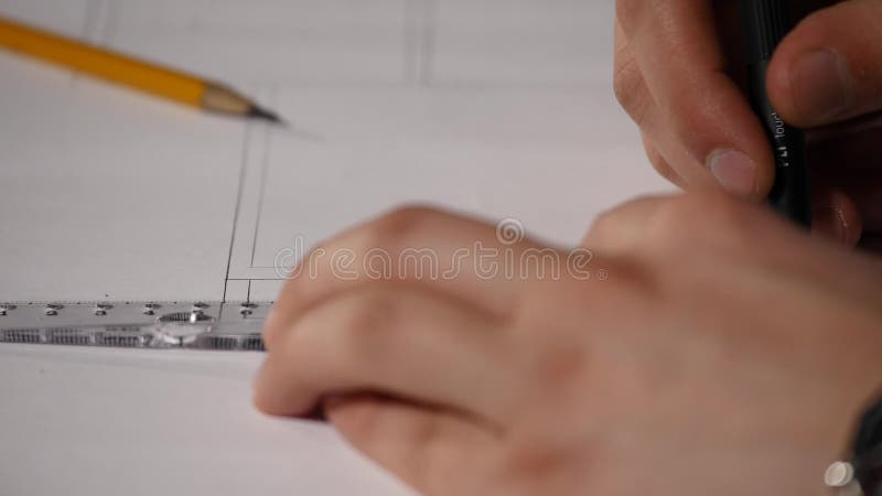 Male Architect at Work. Architect Hands. Ruler and a Pencil in the Hand ...