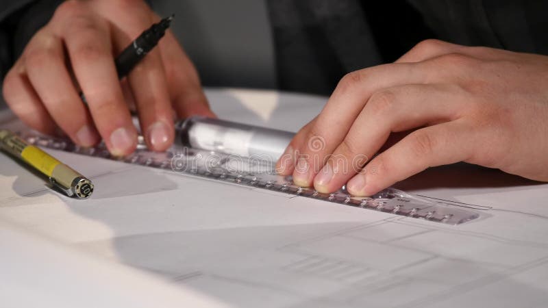 Male Architect at Work. Architect Hands. Ruler and a Pencil in the Hand ...