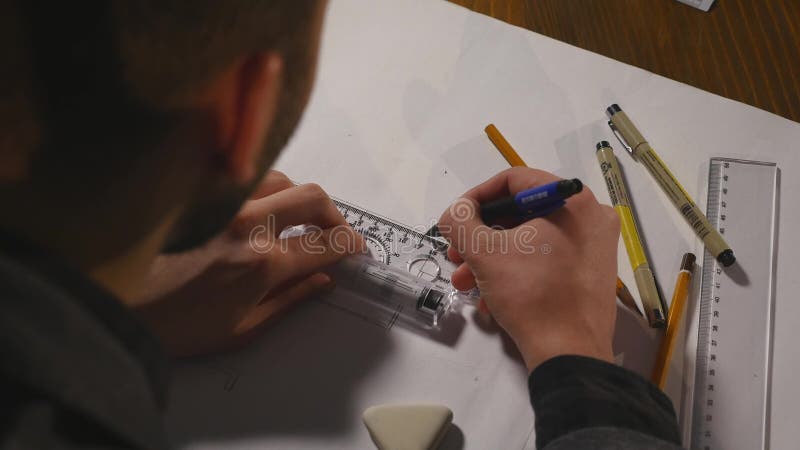 Male Architect at Work. Architect Hands. Ruler and a Pencil in the Hand ...